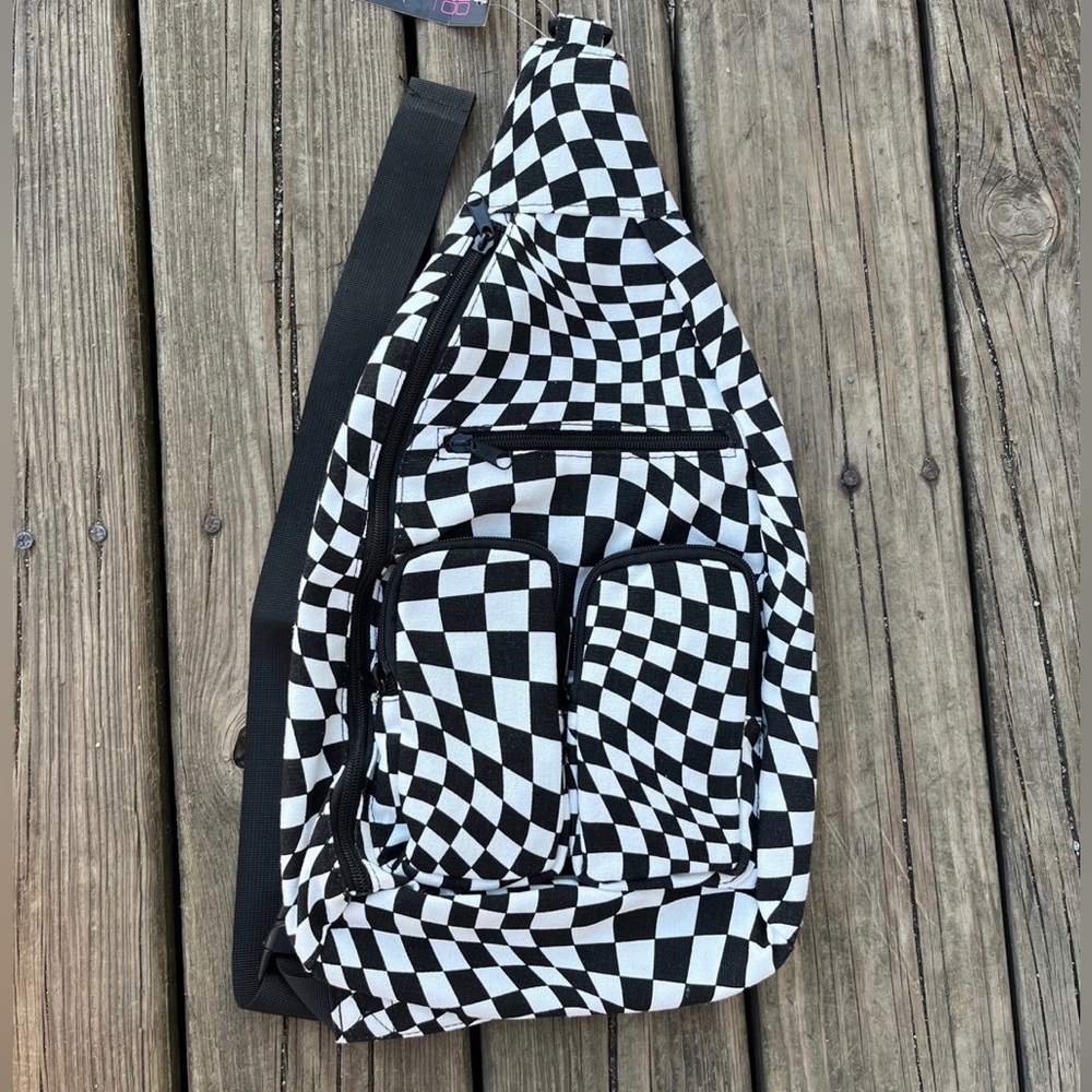 No Boundaries Black & White Checkered Cargo Sling Bag… - Gem